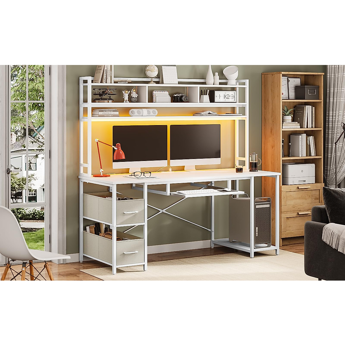 SEDETA White Computer Desk with Hutch and Drawer, 55" White Gaming Desk with LED Lights & Power Outlet, Home Office Desks with Storage Shelves, Bookshelf, Monitor & CPU Stand, Gamer Desk PC Table