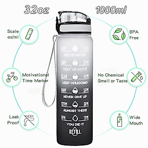 Enerbone 32 oz Water Bottle, Leakproof BPA & Toxic Free, Motivational Water Bottle with Times to Drink and Straw, Fitness Sports Water Bottle with Strap for Office, Gym, Outdoor Sports, Gray-Black