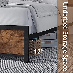 Catrimown Queen Bed Frame with Storage Headboard Platform Bed Frame Queen Size with 2 Tier Headboard Industrial Wood Queen Bed Frames No Box Spring Needed Noise Free, Rustic Brown (Queen)