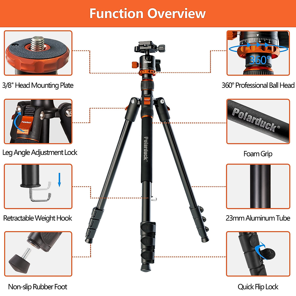 Polarduck Camera Tripod Monopod Phone Stand: 65" Professional DSLR Tripod for iPhone with Phone Mount & Travel Bag Compatible with Canon Nikon Sony Cameras Cell Phone Projector Webcam | 22lbs Load