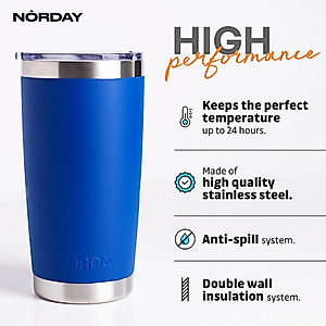 NORDAY | Tumbler Cup with Lid - 20oz - Blue | Vacuum Insulated Tumbler - Travel Tumbler - Stainless Steel Tumblers - Double Wall Coffee Tumbler - Keeps Temperature up to 24hr - Anti Spill Lids