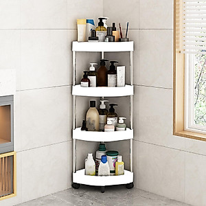 Floor Standing Corner Shower Caddy Storage Shelf with Detachable Design, 4 Tier Bathroom Corner Shower Caddy Organizer with Rolling Wheels, Space-saving Corner Storage Rack with Drainage Holes (White)