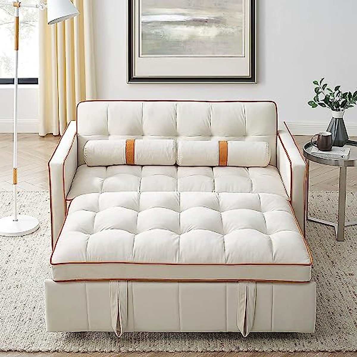 ERYE Modern Loveseat Convertible Sleeper Couch Bed, Upholstered Futon Sofabed for Living Room,2 Seater Comfy Love Seat Daybed Sofas, Beige Twin Velvet Tufted 2 Cylinder Pillows Multi-Pockets B
