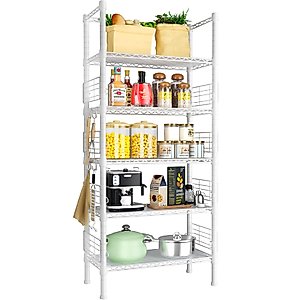 FUTASSI Metal Storage Rack, Storage Organizer Shelves for Kitchen, Bathroom, Living Room, Balcony and Garage, 5 Tiers Narrow Bookshelf, 21.2" W x 9.4" D x 59.2" H, Load 400lbs, White