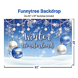 Funnytree 7x5ft Winter Wonderland Theme Backdrop for Blue Boy Baby Shower Birthday Party Christmas Snowflake Snow Landscape Photography Background Bokeh Glitter Pearl Banner Decoration Photo Booth