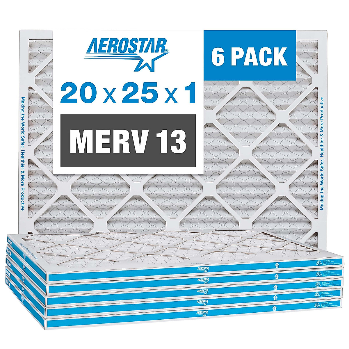 Aerostar 20x25x1 MERV 13 Pleated Air Filter, AC Furnace Air Filter, 6 Pack (Actual Size: 19 3/4"x 24 3/4" x 3/4")