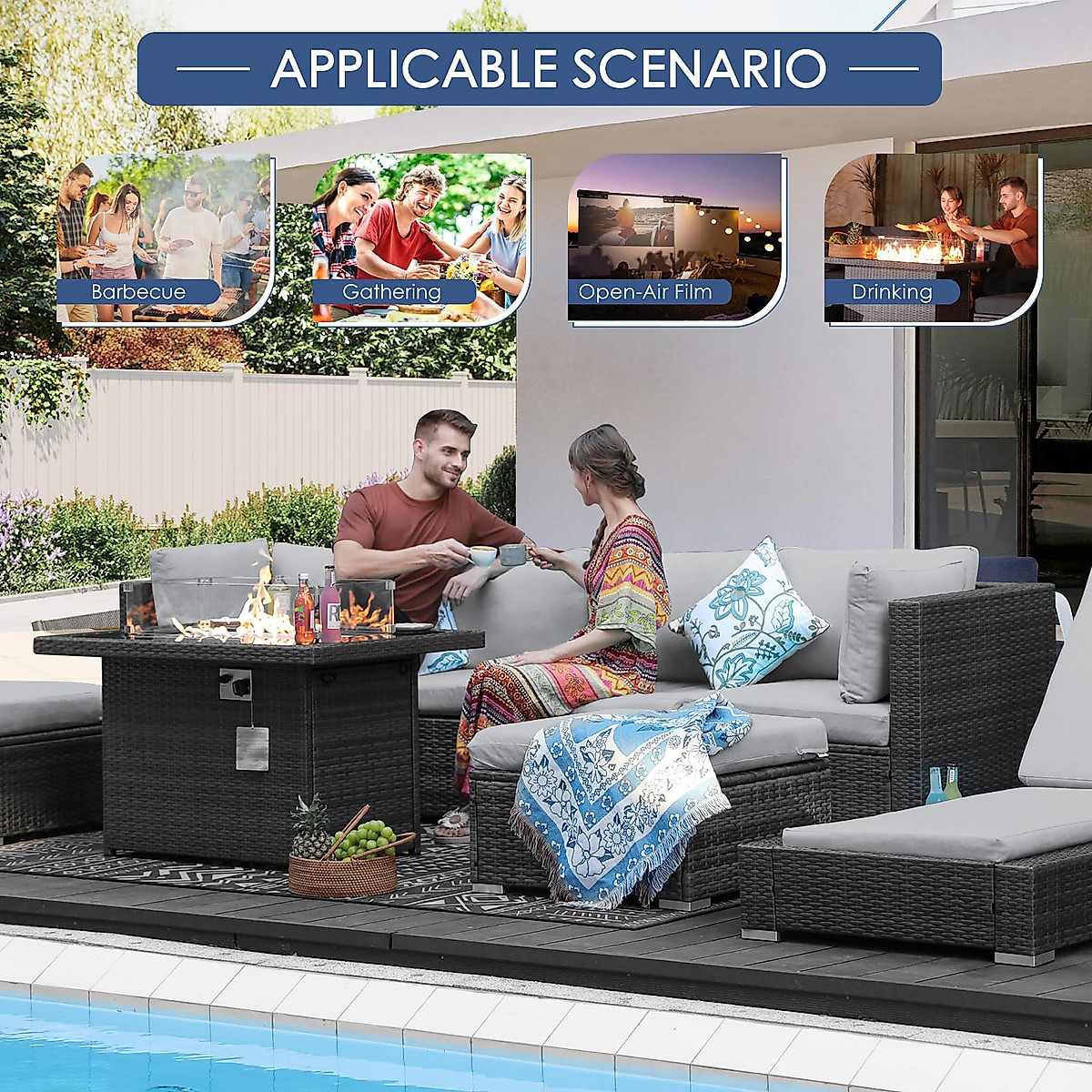 NICESOUL 10 Piece Modern Outdoor Patio Furniture Set with Firepit Natural Gas Propane Convertible, 29.3'' High Back Extra Large Size Wicker Conversation, Deep Wide Comfortable Couch for Outside, Grey