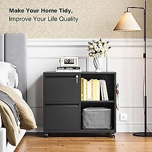 LISSIMO Lateral File Cabinet,2 Drawer Mobile Storage Cabinet with Lock fits A4 or Letter Size for Home Office,Rolling Printer Stand with Open Storage Adjustabl Shelves(Black)