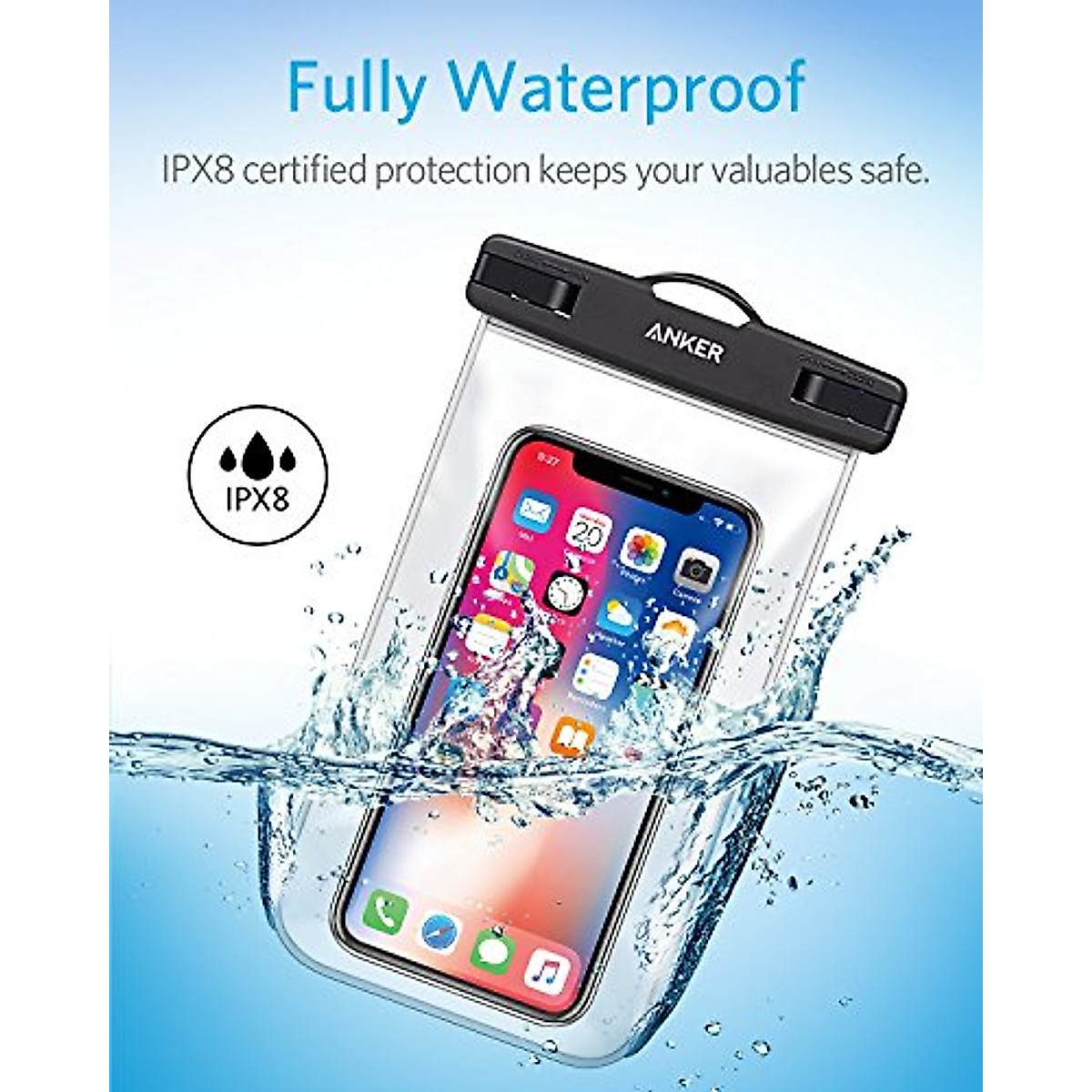 Anker Universal Waterproof Case, IPX8 Waterproof Phone Pouch Dry Bag for iPhone X / 8 / 8 Plus, Samsung Galaxy S8 / S7, Samsung Note Series, Google Pixel 2, up to 6 Inches—2 Pack