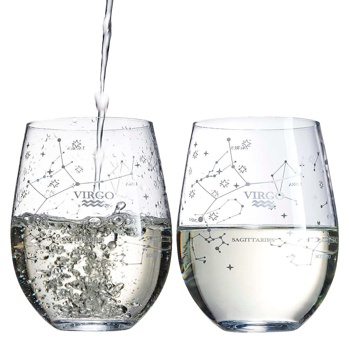 The Wine Savant Set of 2 Zodiac Sign Wine Glasses with 2 Wooden Coasters Astrology Drinking Glass Set with Etched Constellation Tumblers for Juice, Water Home Bar Horoscope Gifts 18oz (Virgo)