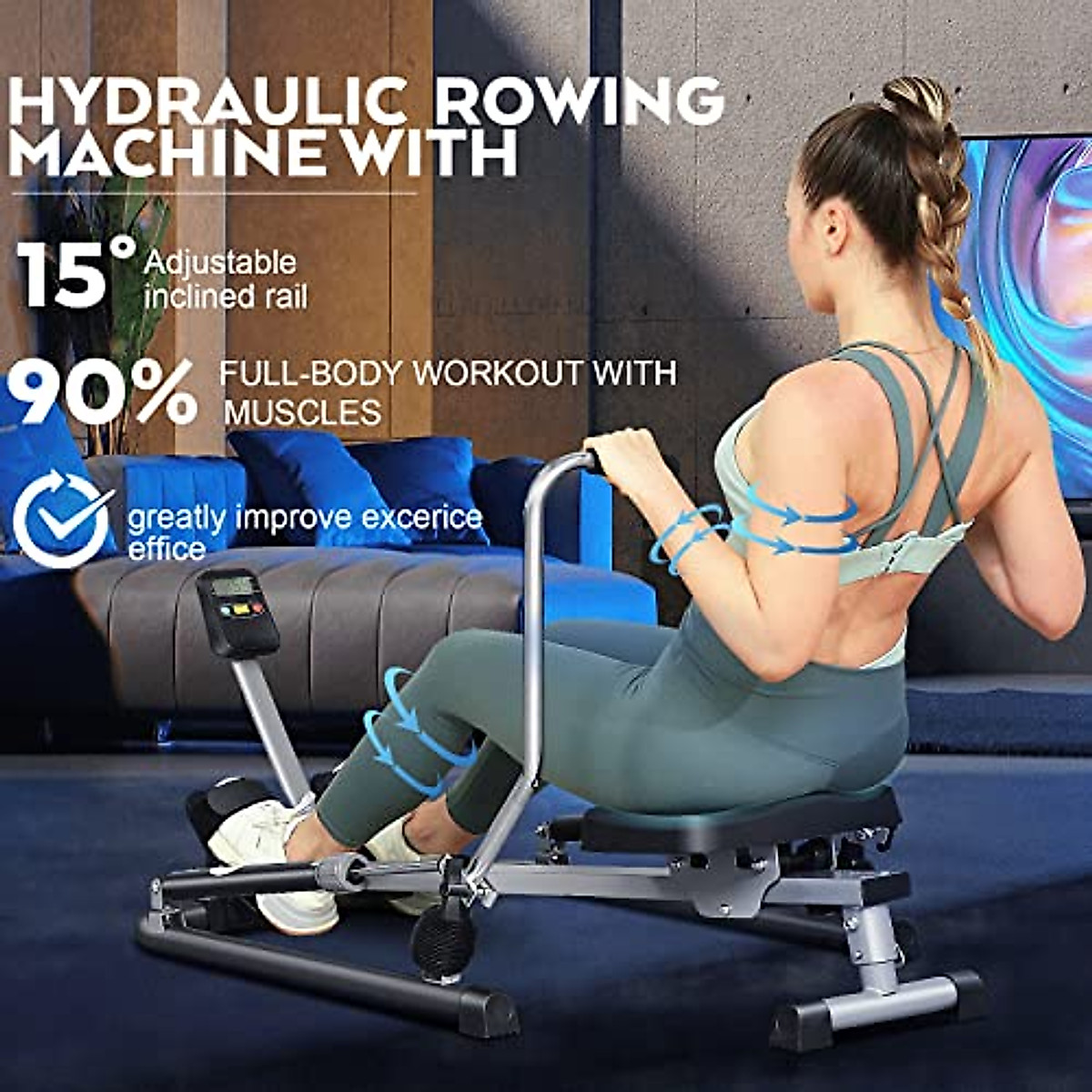 ANCHEER Rowing Machine, Hydraulic Rowing Machines for Home Use Foldable with 12 Resistance Levels & Upgraded LCD Monitor, 290LBS Loading Capacity for Full Body Cardio Exercise