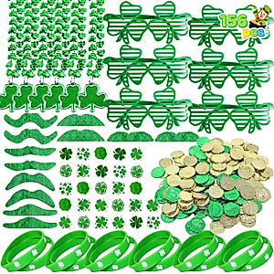 JOYIN 156 Pcs St. Patrick's Day Party Favor Set, 6 Necklaces 6 Eyeglasses 12 Bracelets 72 Temporary Tattoos 12 PCS Mustache 48 Plastic Coins St Patricks Day Accessories