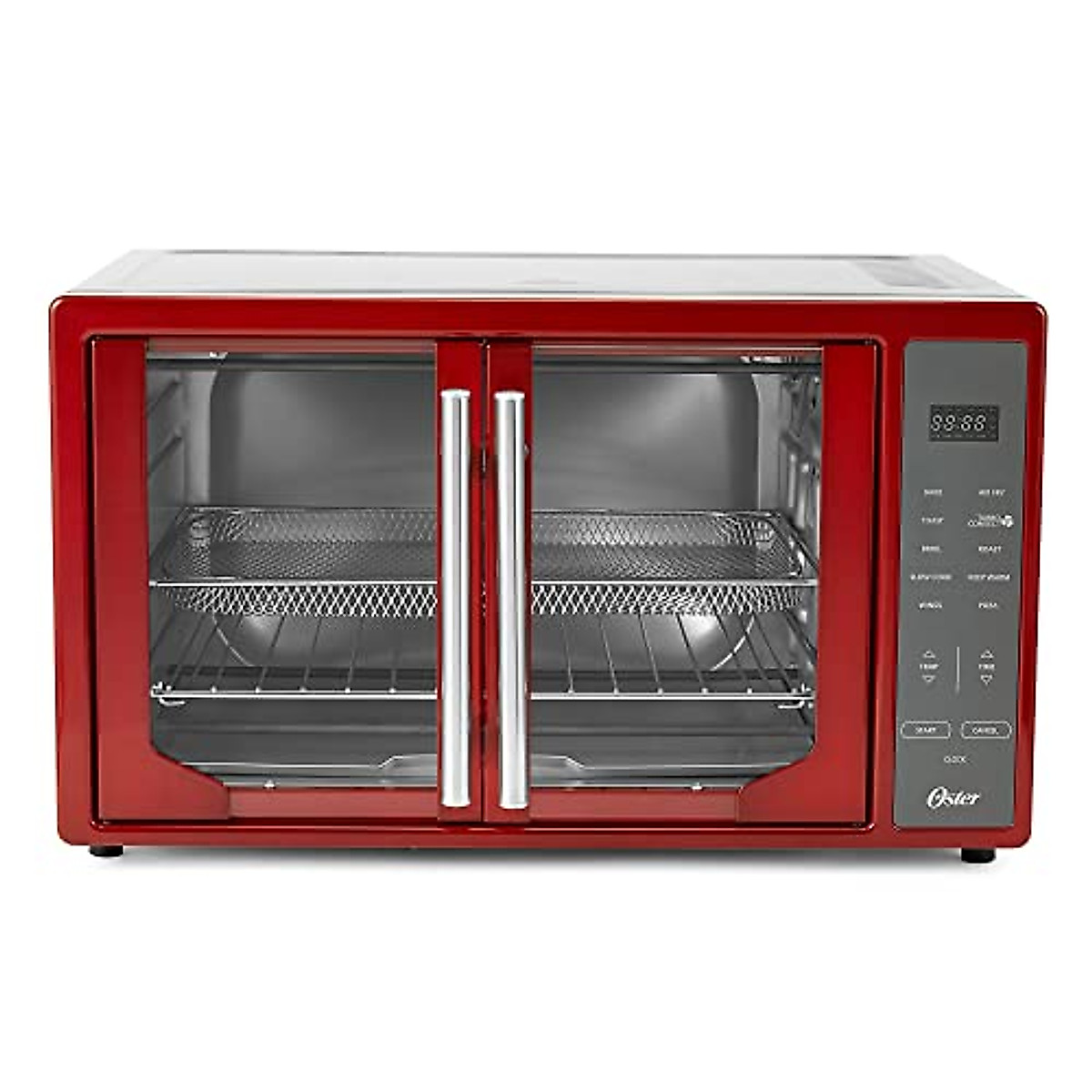 Oster Extra Large Single Pull French Door Turbo Convection Toaster Oven with 2 Removable Baking Racks, 60-Minute Timer, & Adjustable Temperature, Red