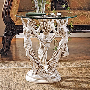 Design Toscano The Greek Muses Glass Topped Side Table, 20 Inch, Antique Stone