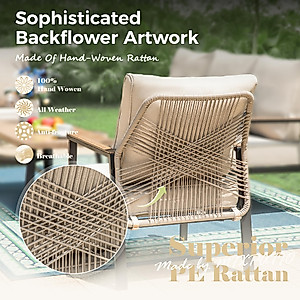 MIXPATIO 4 Piece Patio Furniture Set, All Weather Wicker Outdoor Sofa with 5.5" Cushions, 2 Fixed Chairs, 3-Seat Sofa with Wood Grain Coffee Table, Patio Conversation Set for Porch, Backyard, Beige