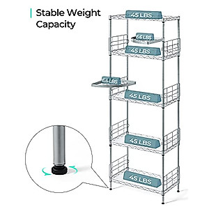 LINSY HOME 5-Tier Storage Shelves with 2 Rotatable Shelves, Height Adjustable Metal Pantry Shelves with 5 Hooks and Shelf Liners, Heavy Duty Metal Shelving, Wire Shelving for Kitchen, Bathroom -Sliver