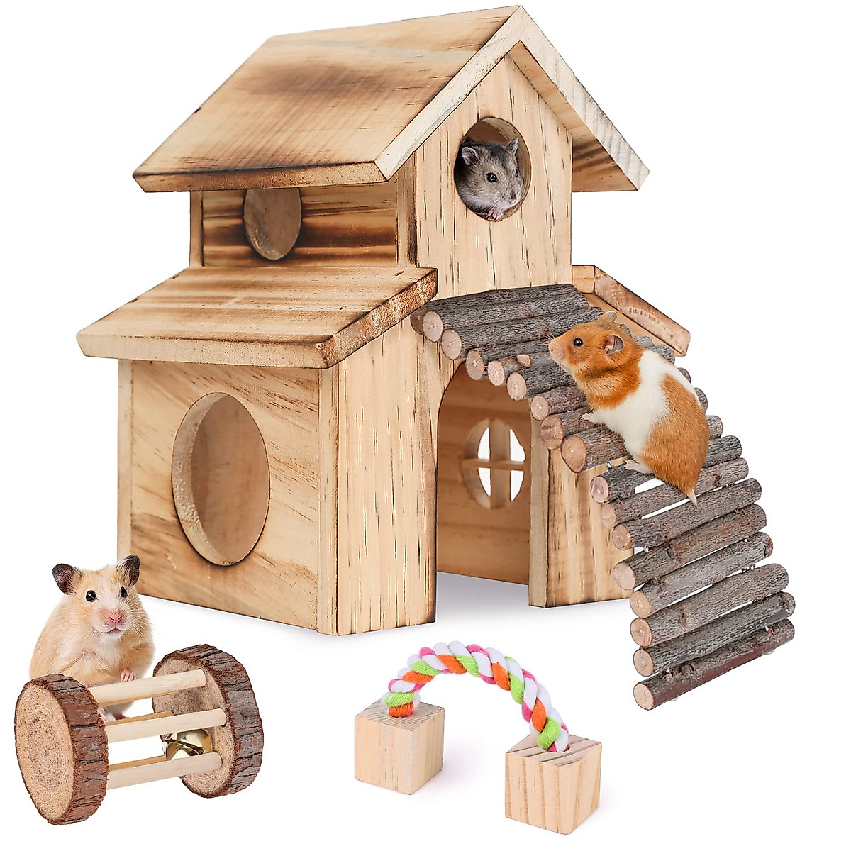 Small Animal Activity Toy Hamster Houses Hideouts Wooden Rat Playground Platform with Ladders Bridge for Chinchilla, Guinea Pigs, Gerbil, Parrots, Dwarf Mice,and Other Small Animals（Without bark）