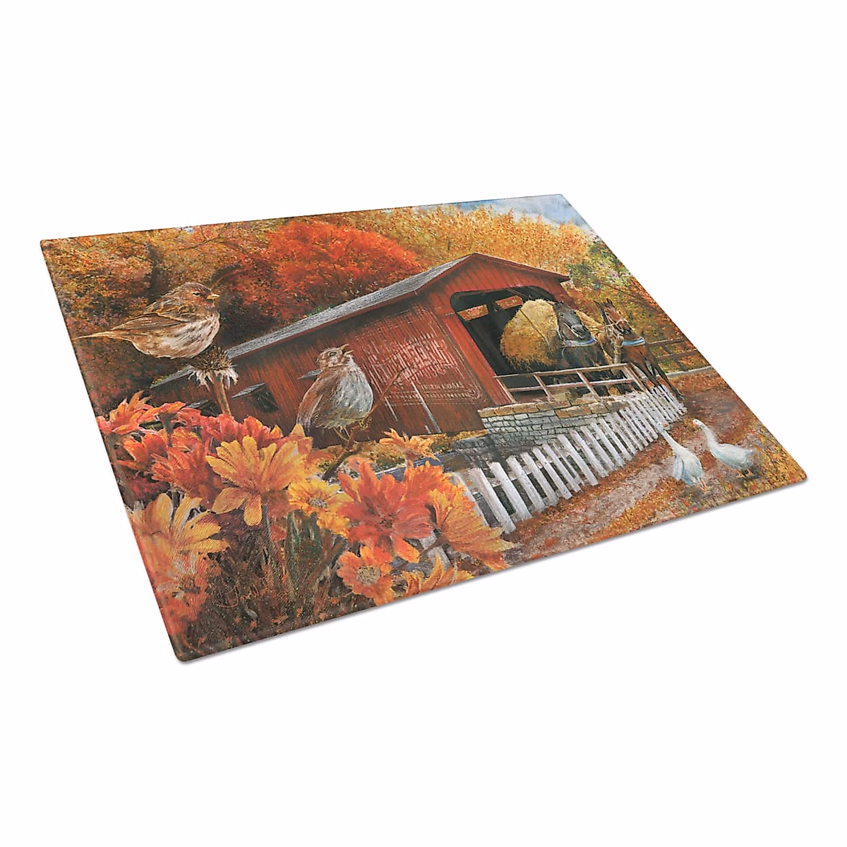 Caroline's Treasures PTW2004LCB Fall Covered Bridge Glass Cutting Board Large Decorative Tempered Glass Kitchen Cutting and Serving Board Large Size Chopping Board