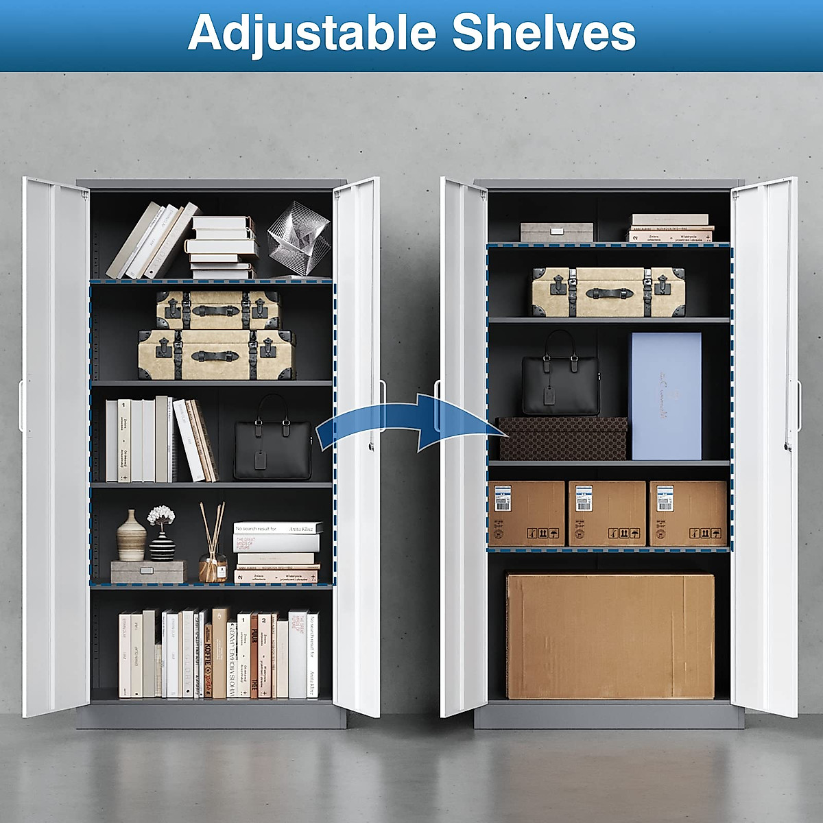 PEUKC Metal Garage Storage Cabinet, 71-inch Tall Cabinet with Adjustable Shelves & Locking Doors, Tool Cabinets for Garage,Office,Home,School,Gym (Grey White)