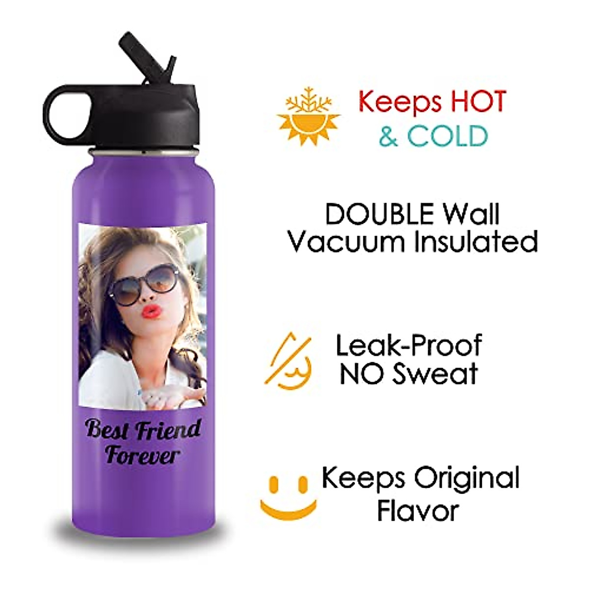 Personalized Water Bottles for Kids, 18oz/32oz Custom Name Stainless Steel Insulated Water Bottle with Straw Lid & Handle, Customized Boys Girls Sports Water Bottle Gifts for School-Solid