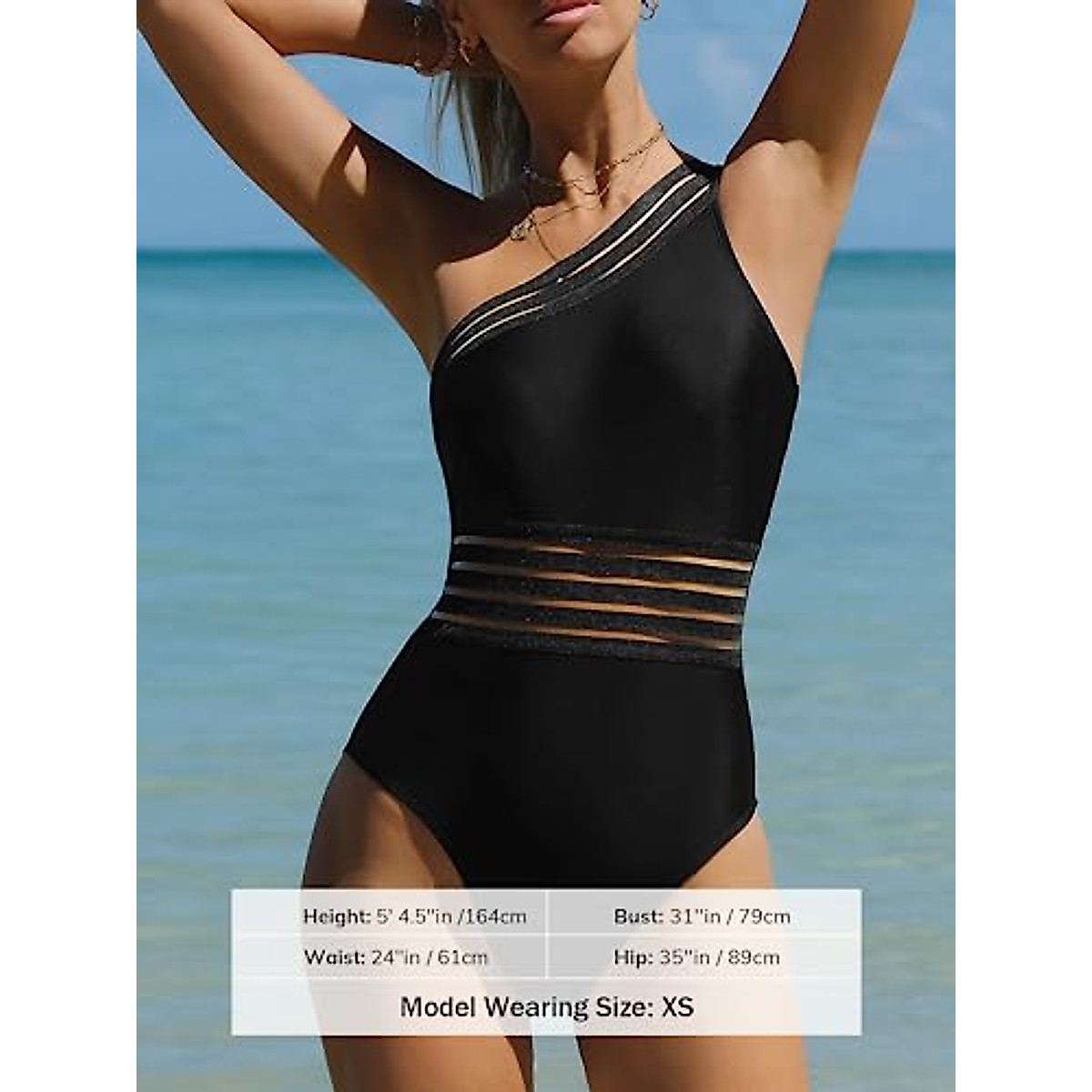 CUPSHE Women's One Piece Swimsuits Bathing Suits One Shoulder Adjustable Straps Cutout Asymmetrical Swimwear Mesh, L Black