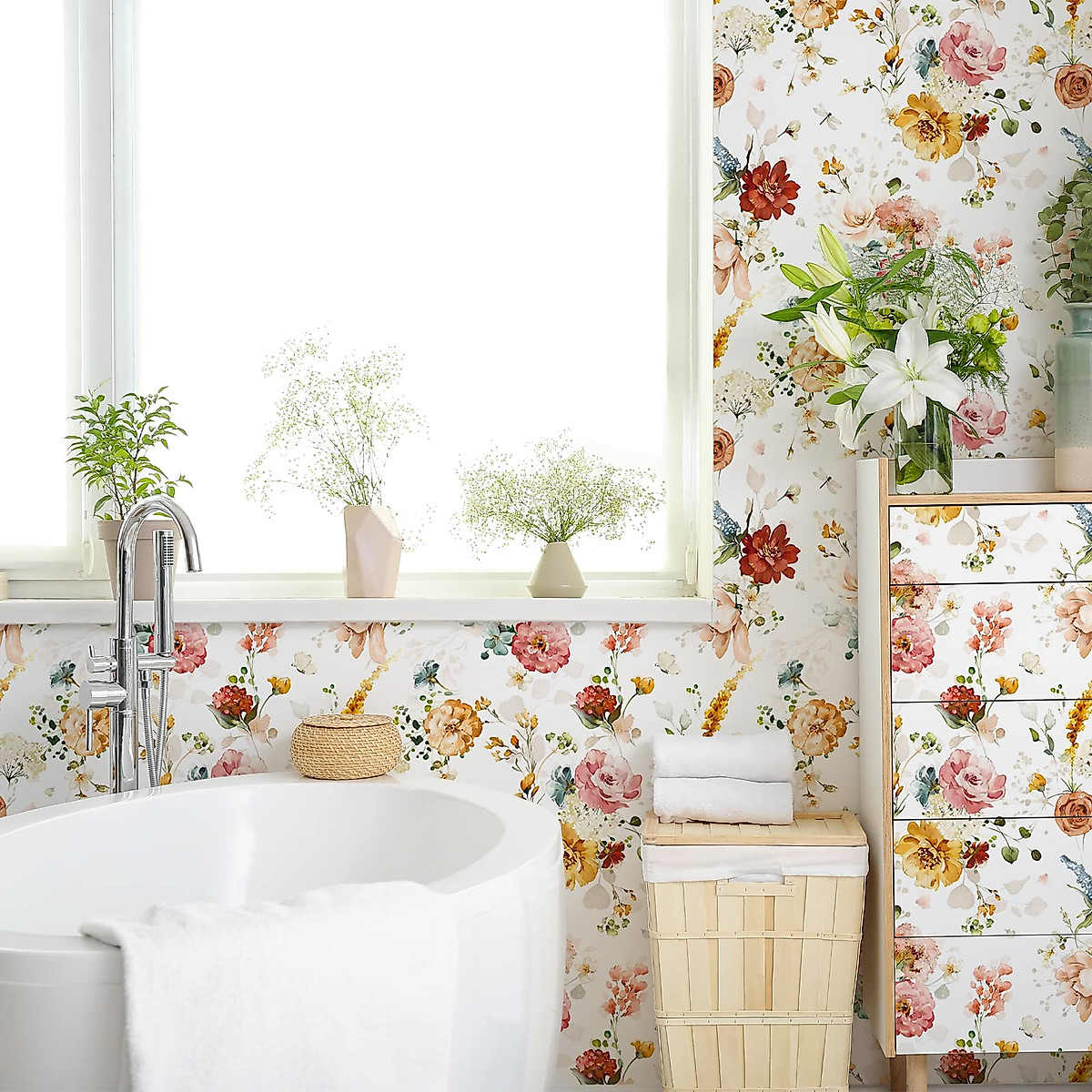 VEELIKE 17.7''x118'' Peel and Stick Wallpaper Vintage Pink/Red/Yellow Bouquet Floral Wallpaper Removable Self Adhesive Vinyl Decorative Contact Paper for Bedroom Bathroom Walls Cabinets