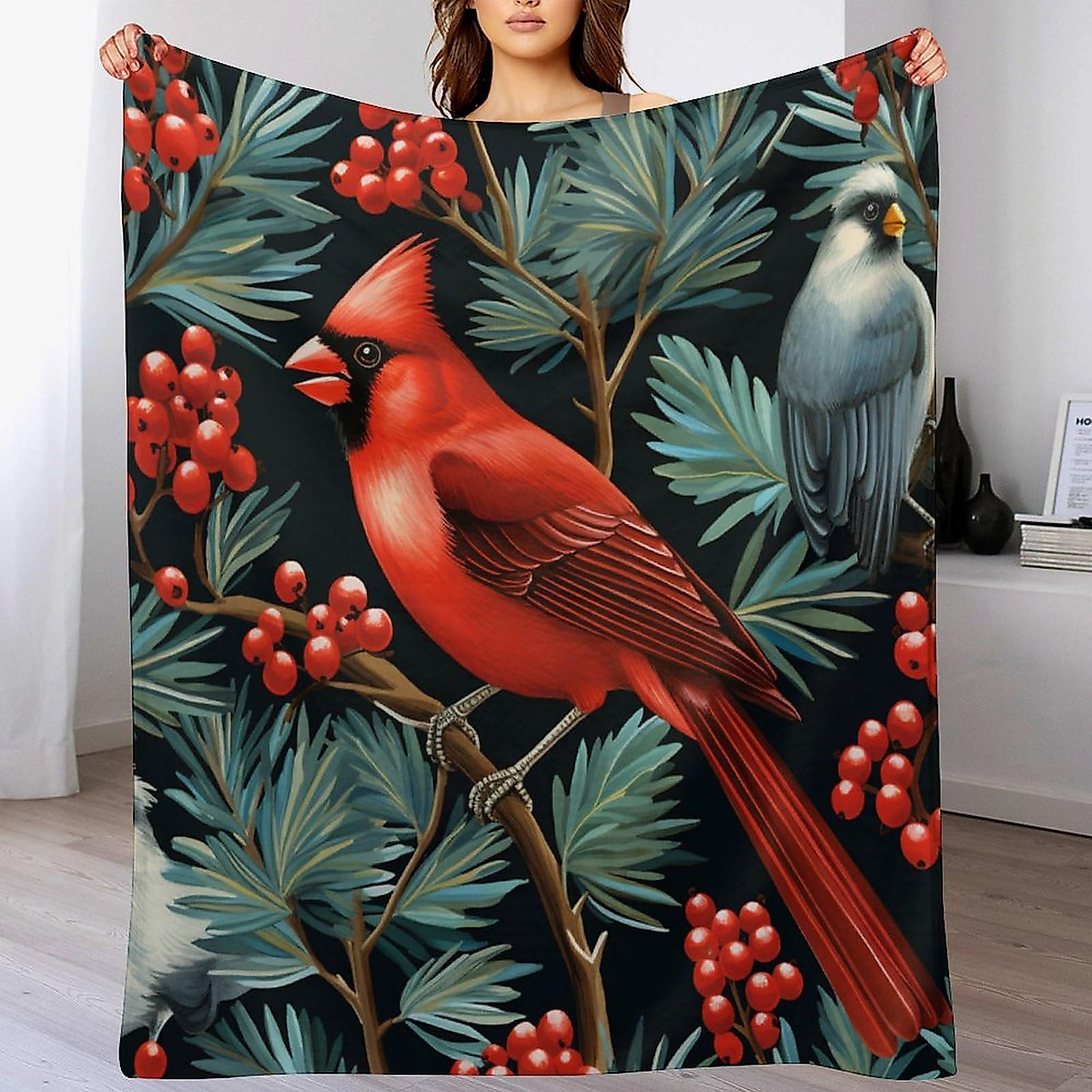 Winter Christmas Cardinal Bird Red Berries Blanket Memorial Christmas Throw Blankets for Bed 40"x50" Soft Cozy Microfiber Throw Blanket for Couch Sofa Bed for Girls Birthday Valentines Gifts
