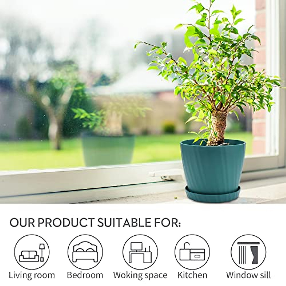 Faxinny Set of 6 Plastic Planters with Saucers ,7.5/7/6.5/6/5.5/4.5 Inch Plant Pots with Drainage Hole and Tray for All Indoor Plants, Flowers, Snake Plant and Succulents ,Green