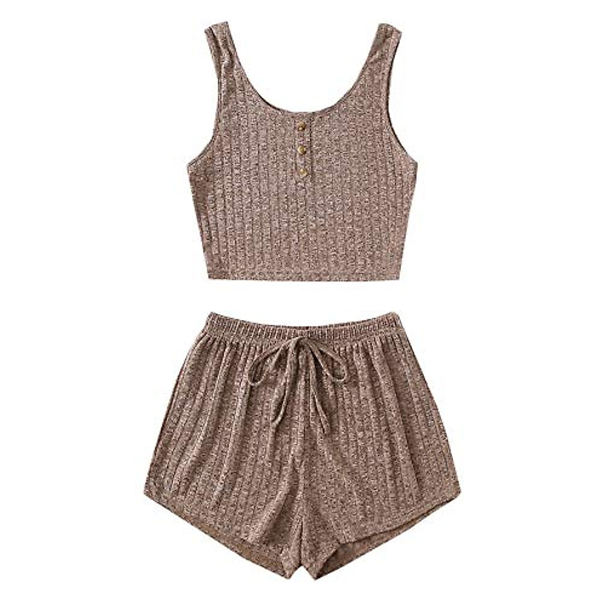 SOLY HUX Women's Button Front Ribbed Knit Tank Top and Shorts Pajama Set Sleepwear Lounge Sets Mocha Brown M