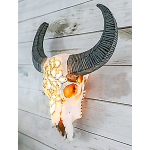 Ebros 16.5" Tall Southwest Aged Bone Tooled Filigree Lace Design Steer Bison Buffalo Bull Cow Horned Skull Head Night Light Lamp LED Wall Decor Plaque Skulls Western Accent Lighting