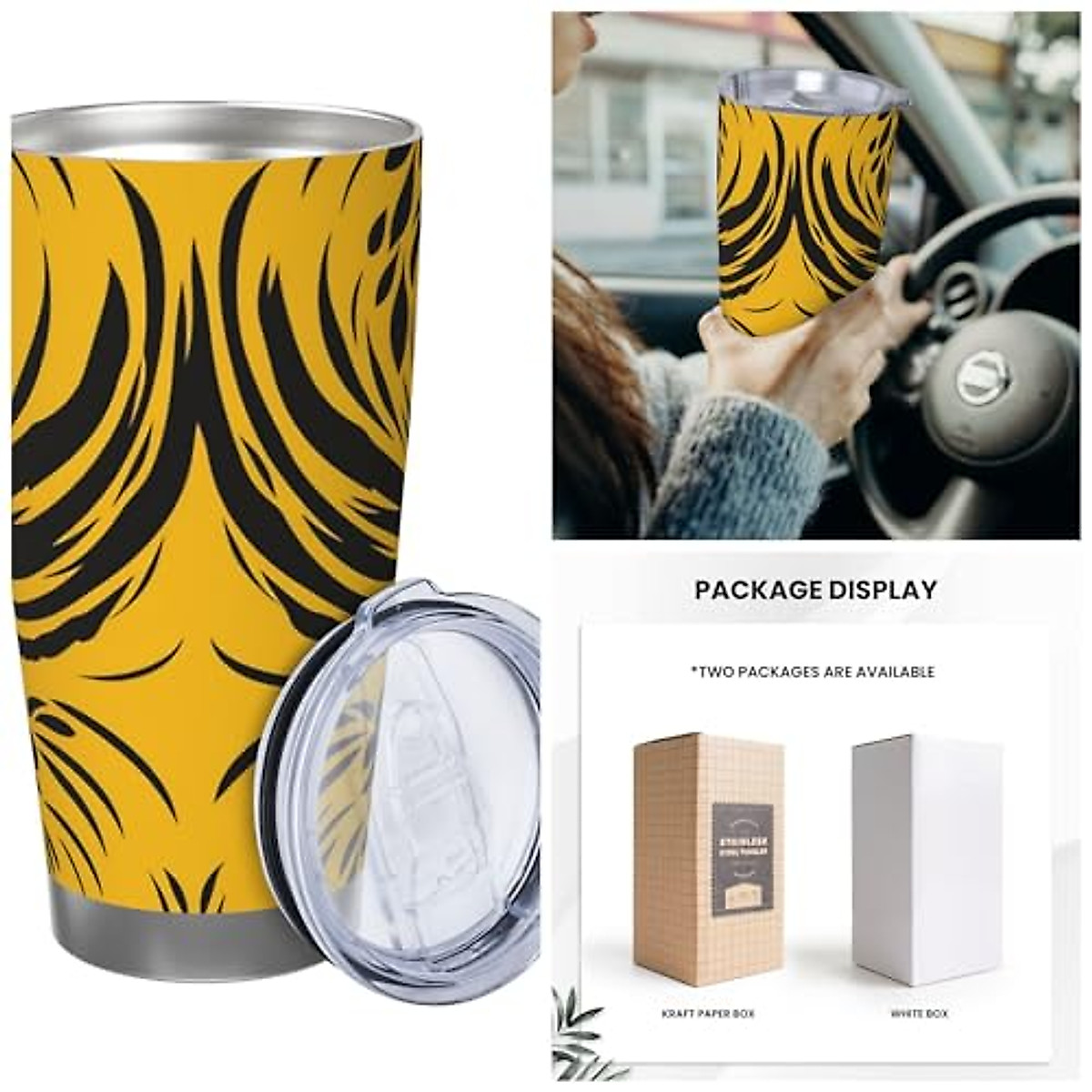 Mustard Yellow and Black Tumbler with Lid and Straw 20oz Stainless Steel Car Cup for Hot and Cold Drinks, Double Wall Insulated Travel Coffee Mug Reusable Drink Thermos Cup Birthday Gifts