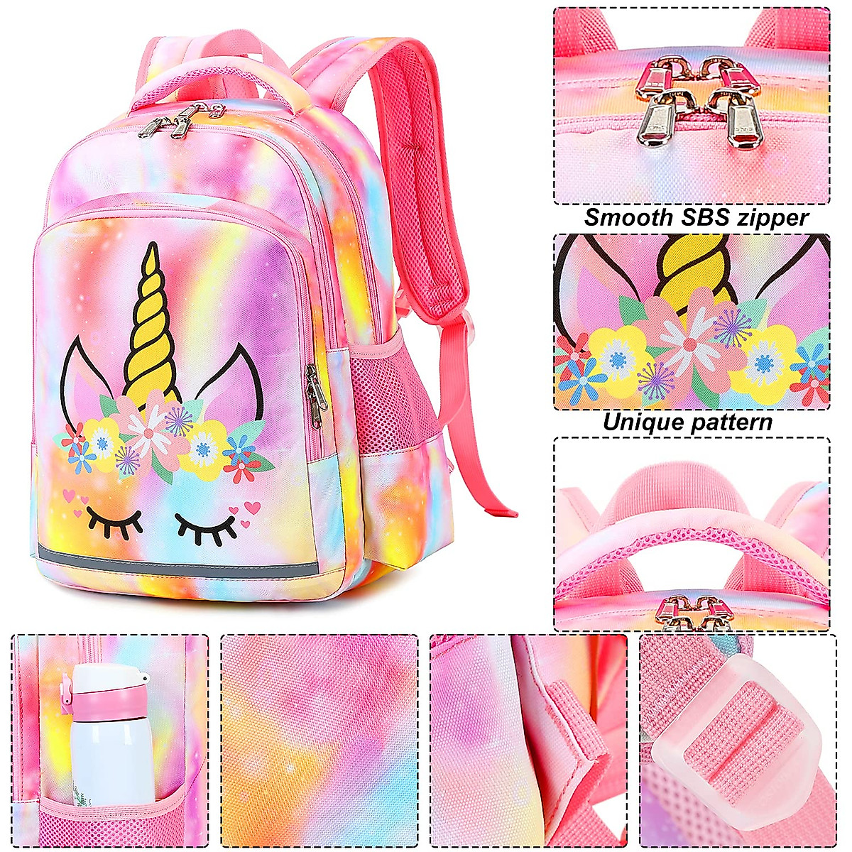 Girls Backpack for Kids Preschool Backpack with Lunch Box Kindergartern School Bookbags Set (Rainbow Unicorn)