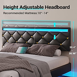 DICTAC Floating Bed Frame King Size with Led Lights and USB Ports,Faux Leather Platform King Bed Frame with Headboard, Low Profile King Led Bed Frame, No Box Spring Needed, Easy to Assemble, Black