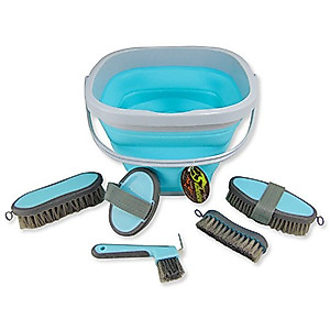 Collapsible Grooming Kit 10 Liter Bucket and 5 Grooming Tools by Southwestern Equine (Turquoise)