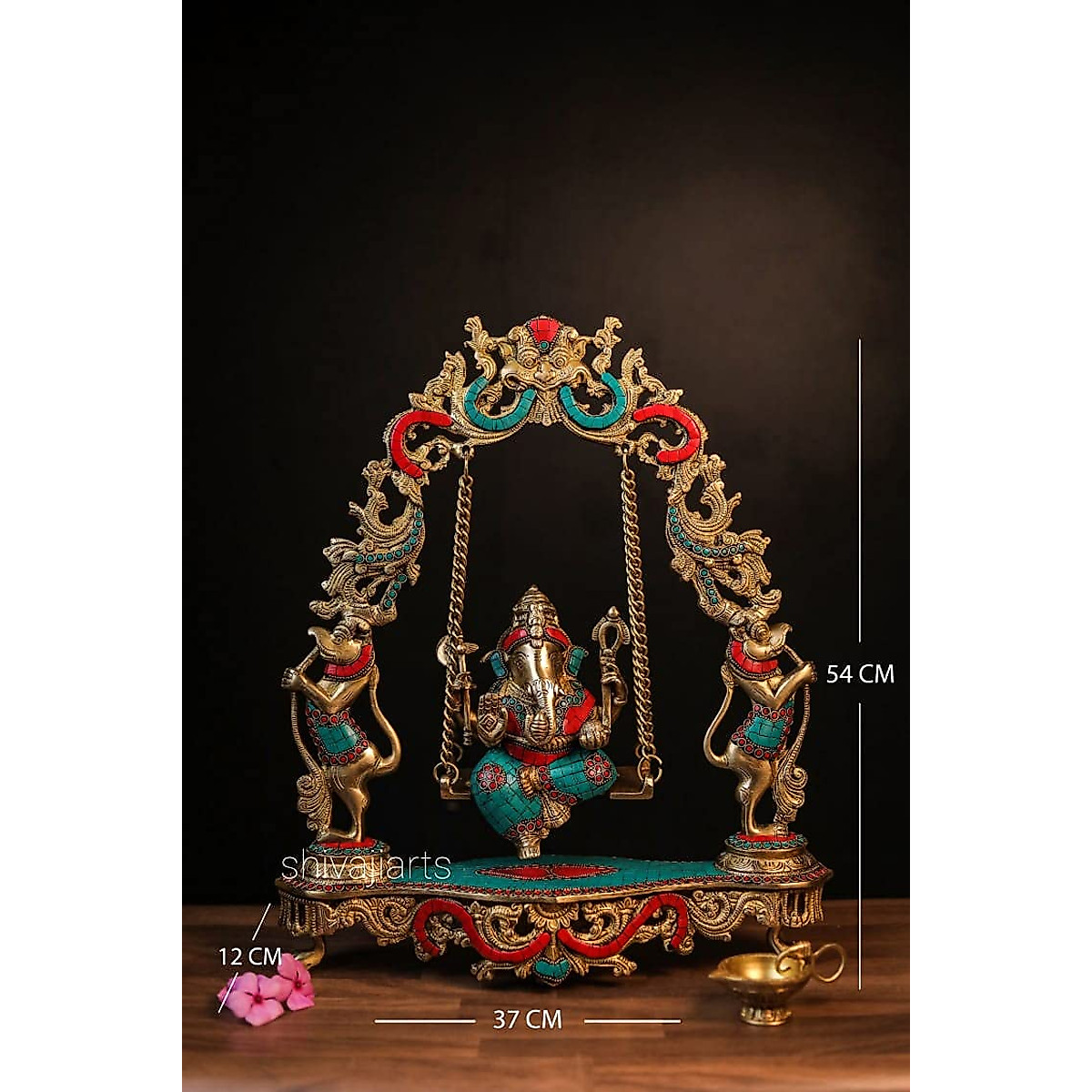 SHIVAJI ARTS Brass Ganesha Statue on Swing, 20 Inch Big Large Ganesh Idol on Jhoola in Brass, Swinging Ganesh Idol, Jhula Ganesh Murti, Showpiece