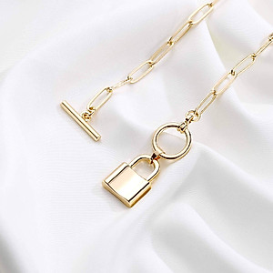 Turandoss Lock Necklace, 14K Gold Plated Padlock Necklace Dainty Link Chain Lock Pendant Necklace Mini Lock Choker Necklaces for Women