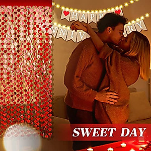 Breling 6 Pieces Burlap Happy Anniversary Banner Party Bunting Garland Decorations Wedding Decoration Supplies Hanging Red Heart Streamer with LED Lights, M