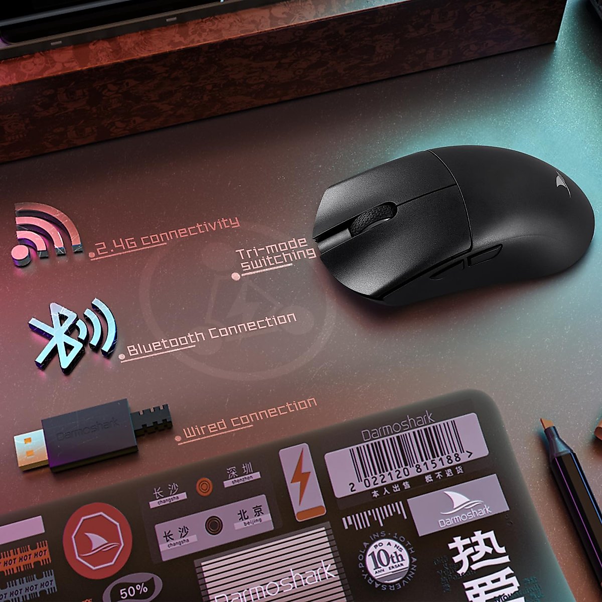 Darmoshark M3 Wireless Gaming Mouse,Tri-Mode 2.4G/USB-C/Bluetooth Mouse Up to 26000DPI,PAW3395 optical sensor Lightweight 58g,5 programmable button 500MAh Battery Life,Computer Mouse for Laptop,PC,Mac
