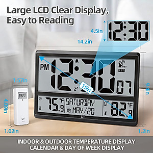 LFF Atomic Clock 4.5" Numbers, Atomic Wall Clock Never Needs Setting, Indoor Outdoor Temperature with Wireless Outdoor Sensor, Battery Powered, Clock for Office, Kitchen, Living Room, Bedroom
