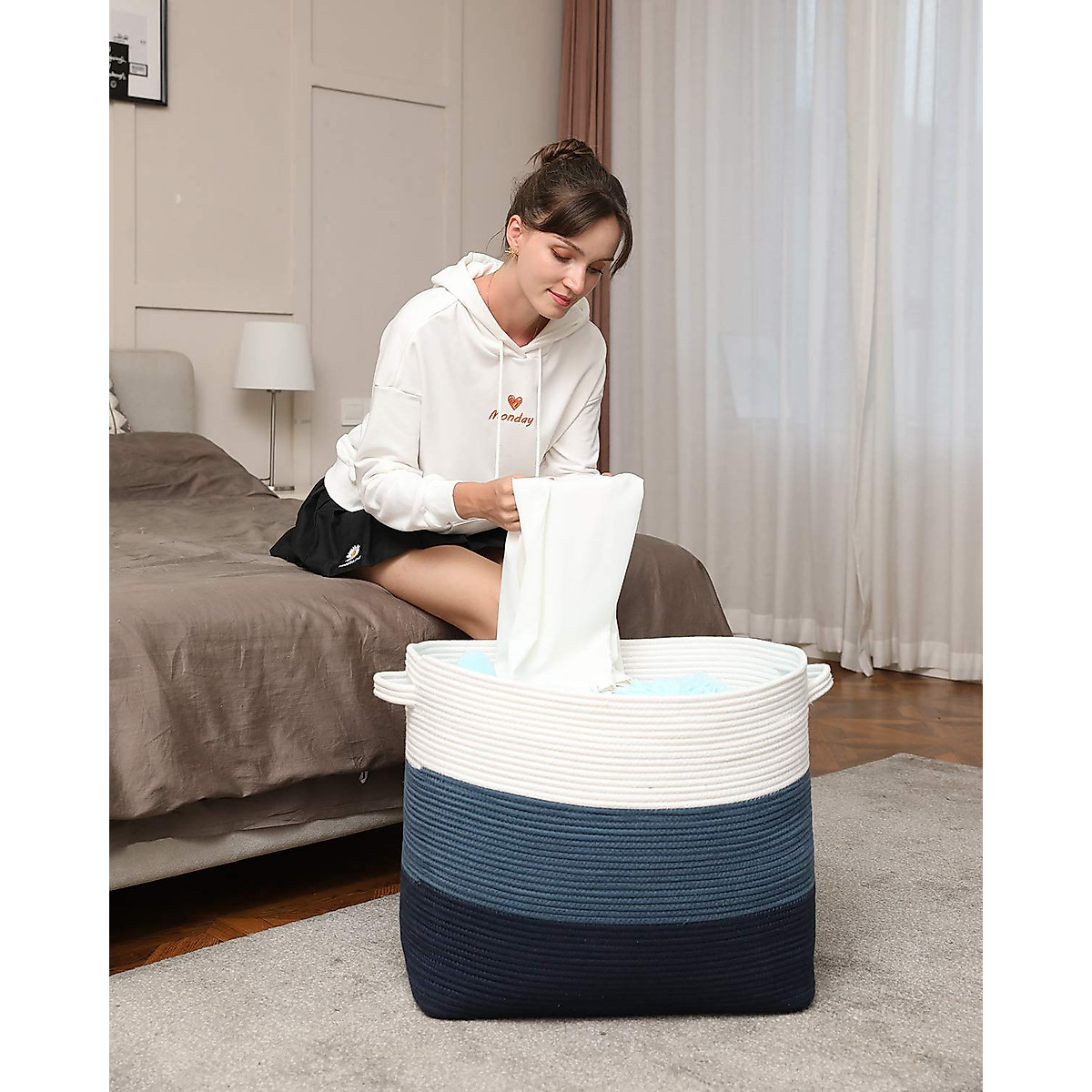 22"x14"x18" Mega Size Rectangular Extra Large Storage Basket, Rectangular Cotton Rope Storage Baskets, Woven Laundry Hamper, Cloth Storage Bin, for Clothes Blanket in Living Room, Dark Blue/Deep Blue