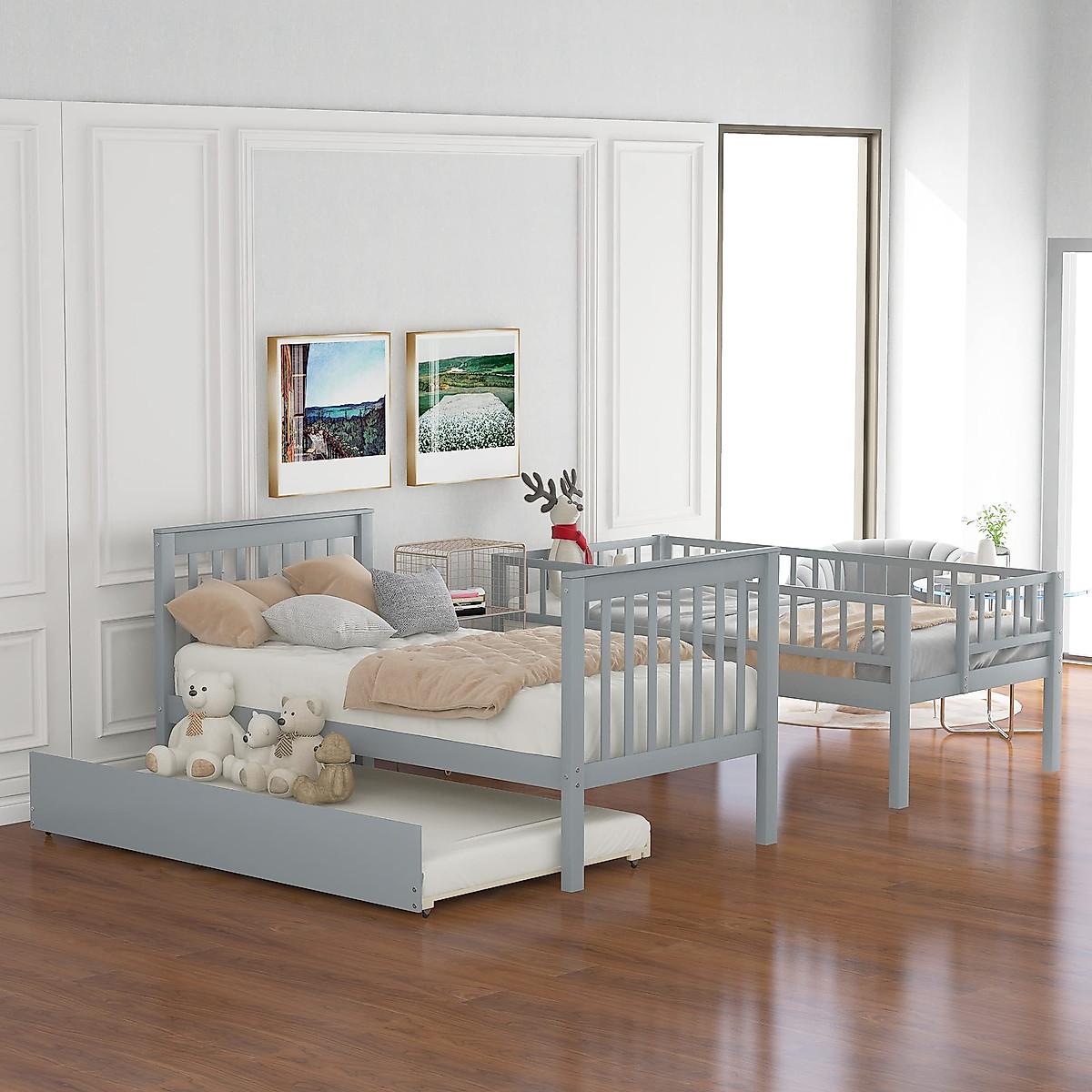 Harper & Bright Designs Twin Over Twin Bunk Bed with Stairs and Trundle, Solid Wood Stairway Bunk Bed Frame with Storage, Can be Split into 3 Separate beds, for Kids Teens Adults (Gray)