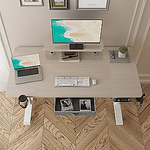 BUNOEM Height Adjustable Electric Standing Desk with One Drawer, Table with Storage Shelf, Sit & Stand Home Office Desk with Storage Space (Oak, 55x30)