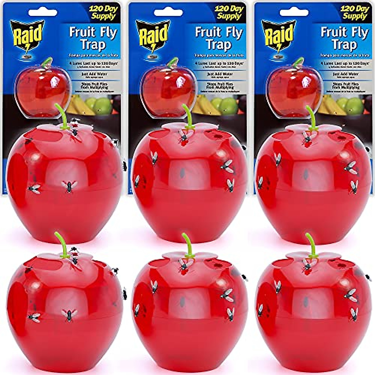 Raid Fruit Fly Trap Bundle, Set of 3 2-Pack Apple Fruit Fly Catcher Indoor Trap, 360-Day Supply of Fruit Fly Traps for Kitchen & Dining Areas, Reusable Gnat Traps w/Food-Based Lure for Fruit Flies