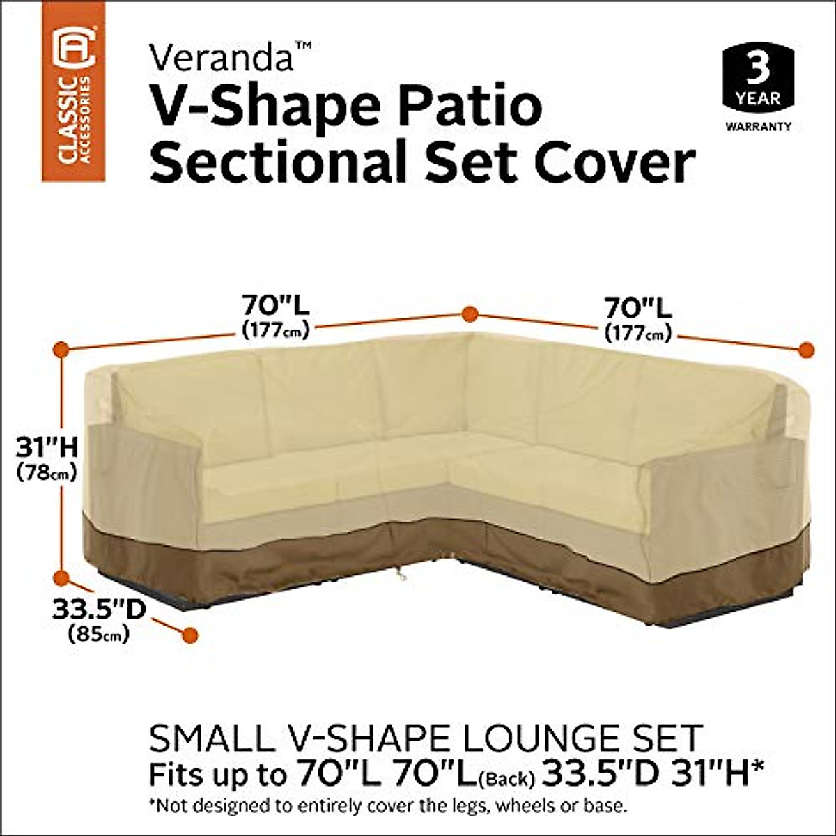 Classic Accessories Veranda Water-Resistant 70 Inch Patio V-Shaped Sectional Lounge Set Cover, Patio Furniture Covers, Pebble/Bark/Earth