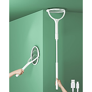 Rotating Head Rechargeable Electric Fly Swatter Racket Bug Zapper Racket Mosquito Zapper Indoor Bug Zapper Fruit Fly Zapper Spider Killer Gnat Trap Wasp Catcher, with a Telescopic Extension Wand