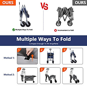 Kuznap All Terrain Wheels Collapsible Wagon, 225pound Capacity Heavy Duty Utility Folding Wagon, Portable Garden Beach Cart with Side Bags and Drink Holders