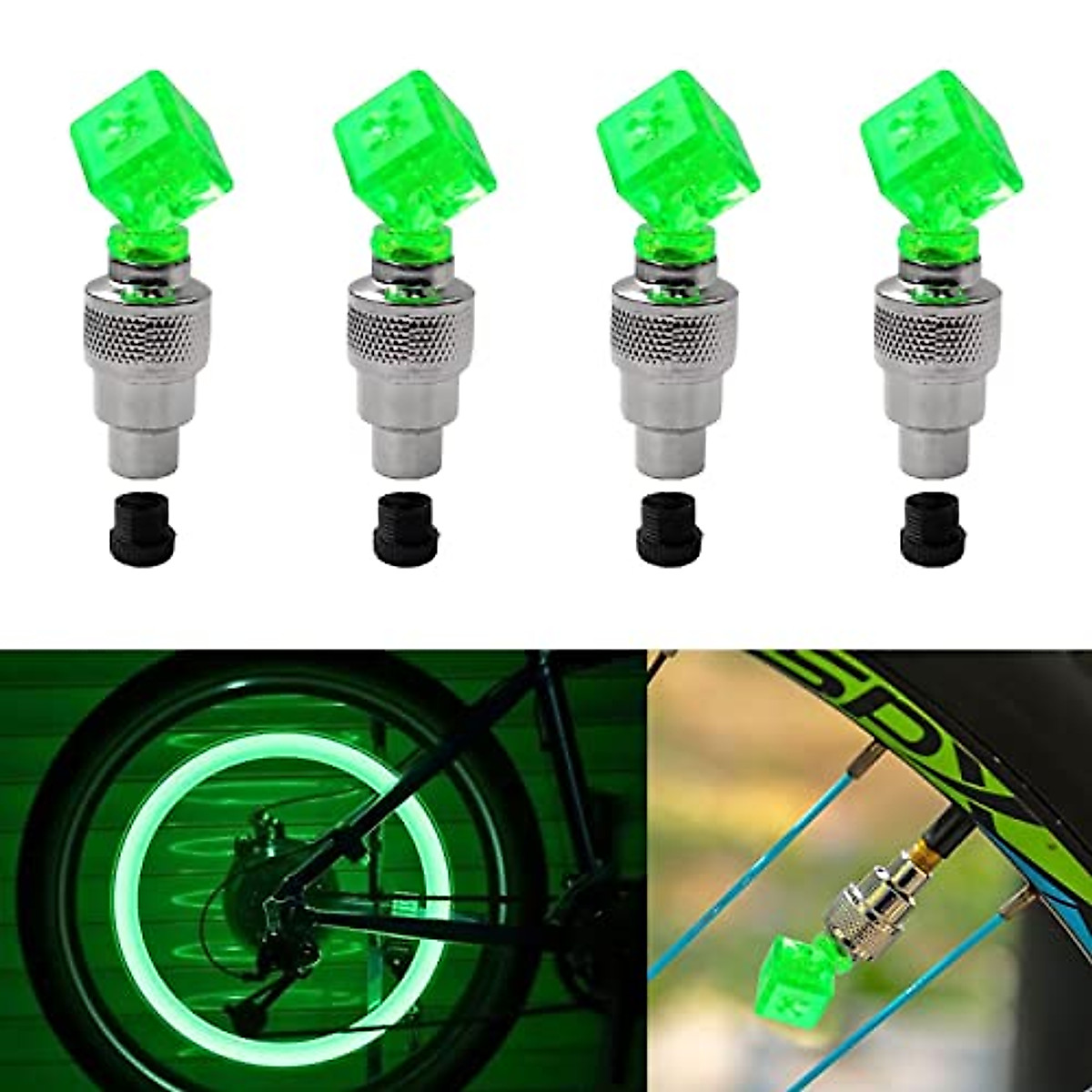 8 PCS LED Wheel Lights Flash Light Tire Valve Cap Lamp for Car Trucks Motorcycle Bike (Dice, Green)