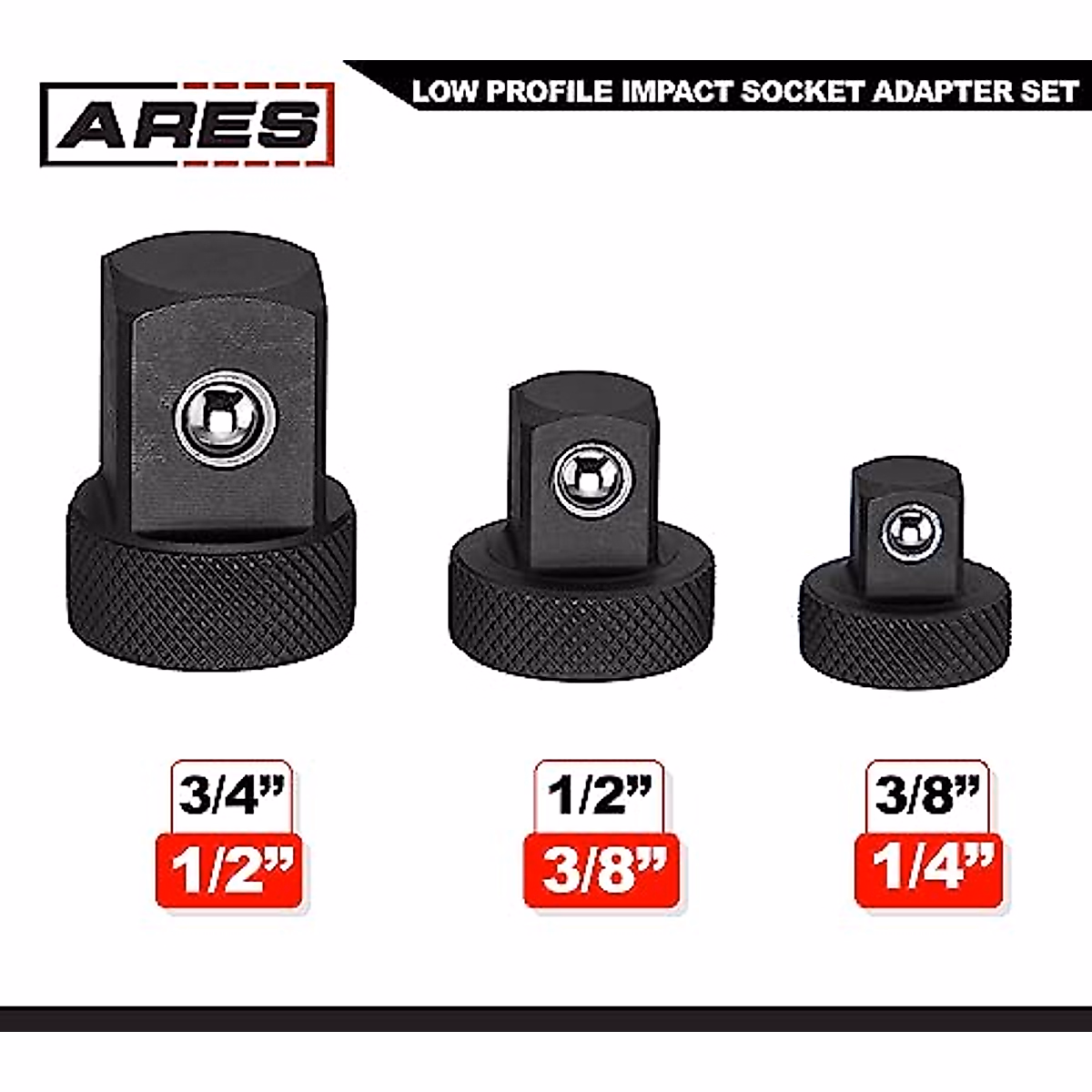 ARES 70198 - Low Profile Impact Socket Adapter Set - Impact-Rated Heat-Treated Chrome Vanadium Steel Features Knurling For Enhanced Grip