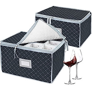VERONLY Stemware Storage Cases - Holds 24 Wine Glass Storage or Crystal Glassware Containers with Lable Window,Fully-Padded Inside with Hard Sides(15.5" x 12.5"x 9.8")-Set of 2 Grey