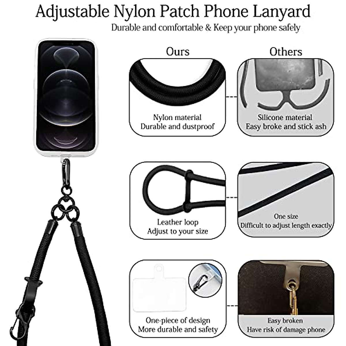 BERITNI Cell Phone Lanyard, Adjustable Length Crossbody Universal Nylon Phone Strap with Patch, Black